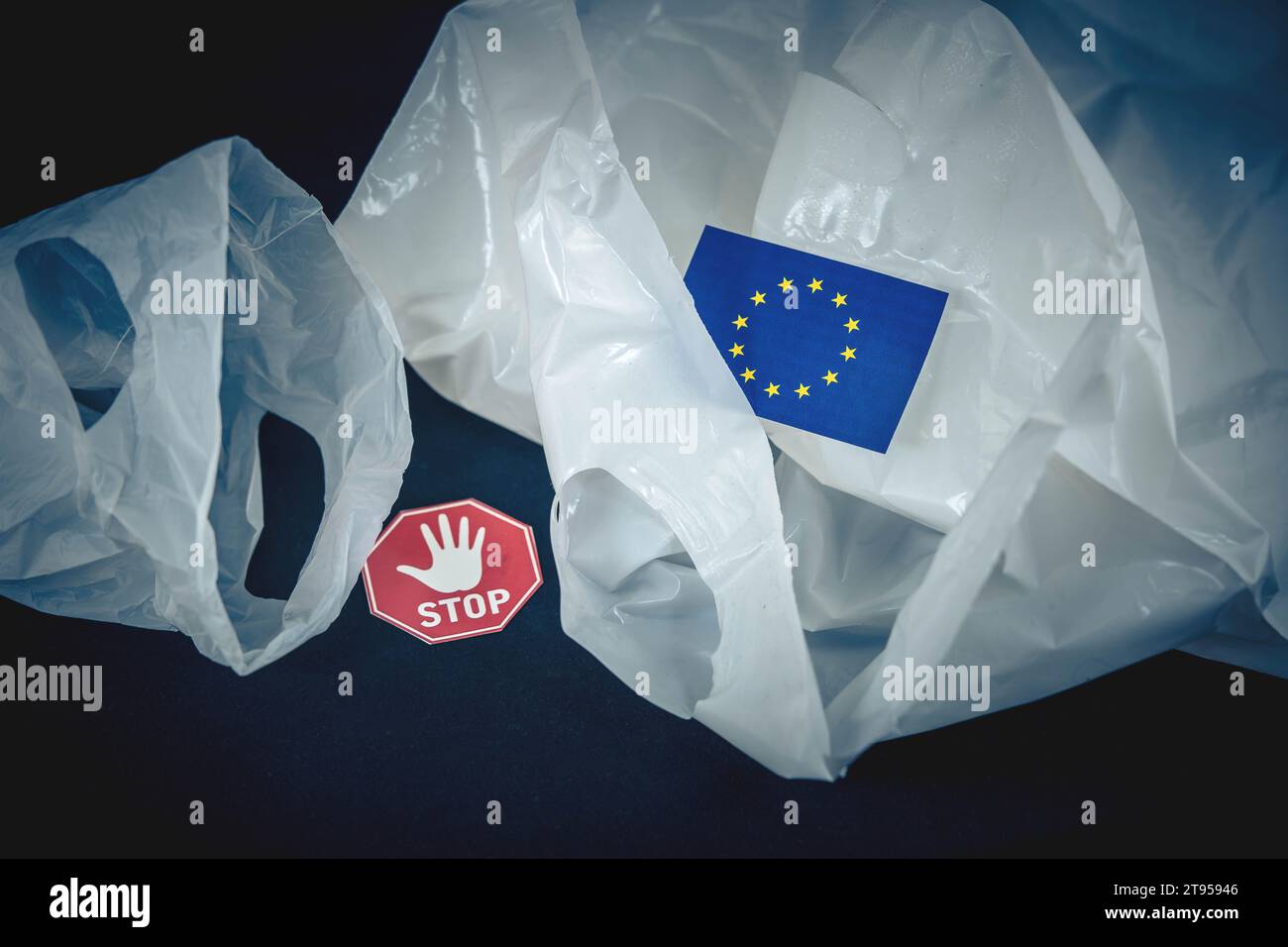 plastic bag with stop sign and EU flag, prohibition in the EU Stock ...