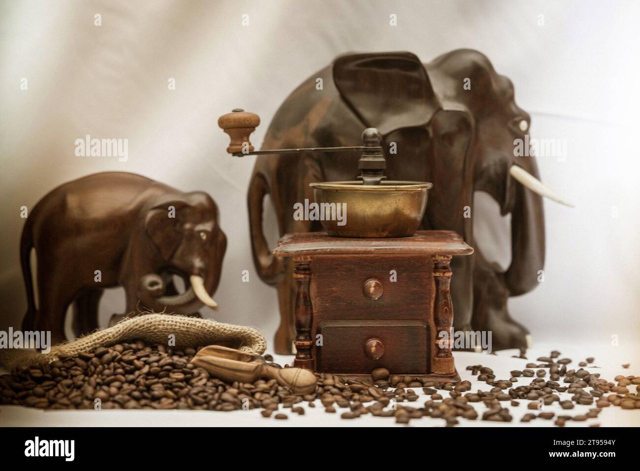coffee mill, , coffee beans, wooden spoon, elephants Stock Photo - Alamy