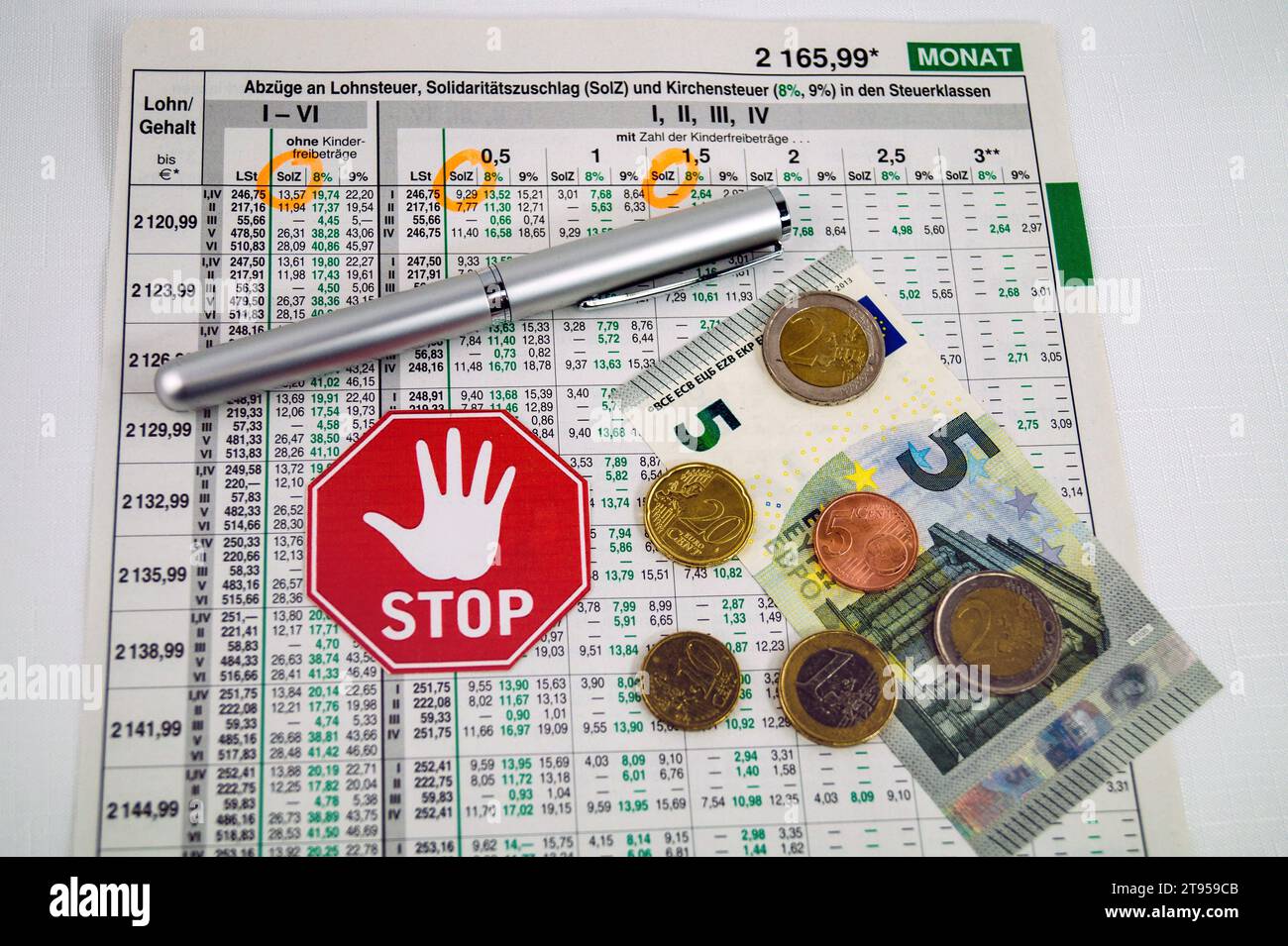 wage slip with marked solidary surcharge, ballpen, Euros and stop sign ...