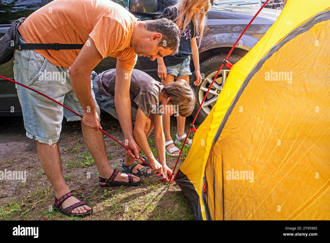 Dad and children set up a tent at a camping camp. Family holidays and ...