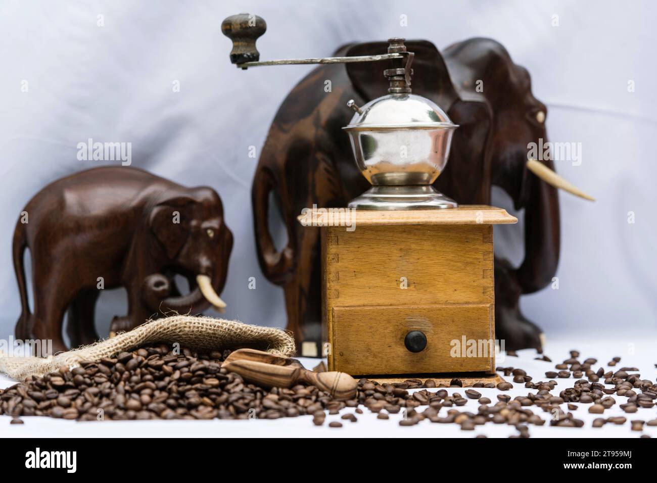coffee mill, coffee beans, wooden spoon, elephants Stock Photo - Alamy