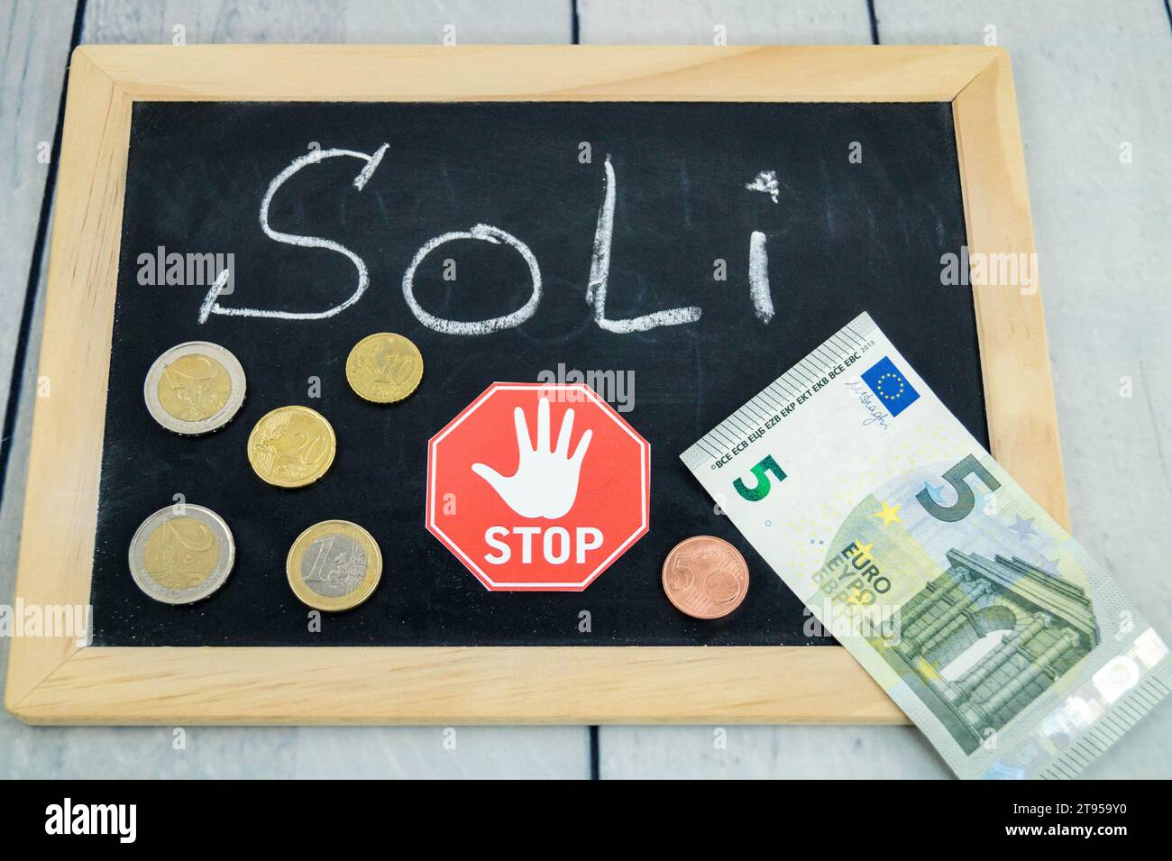 blackboard with the word Soli, Euros and stop sign, abolishment of ...