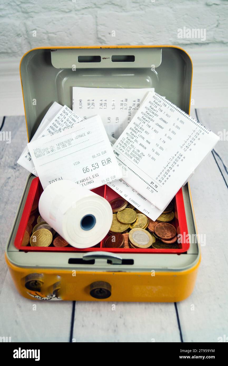cash box, vouchers and Euros, obligation of sales check Stock Photo - Alamy