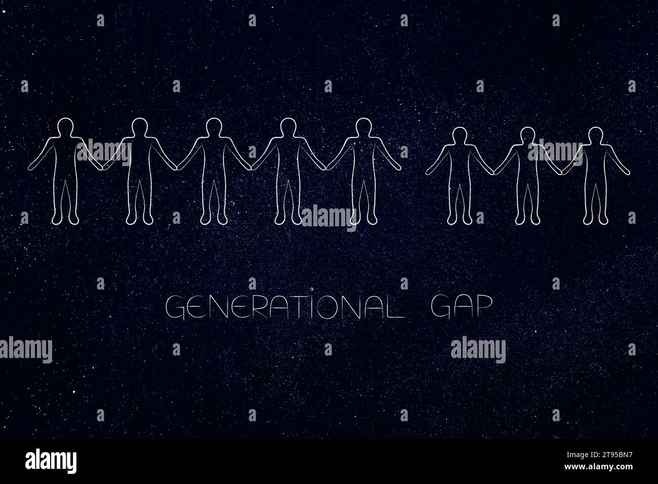 generational gap conceptual image, line of people with gap in between ...