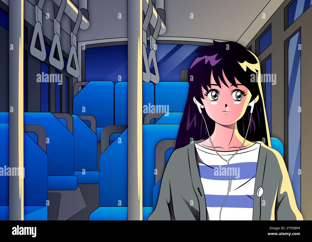 alone time woman take a bus while listening to music vector ...