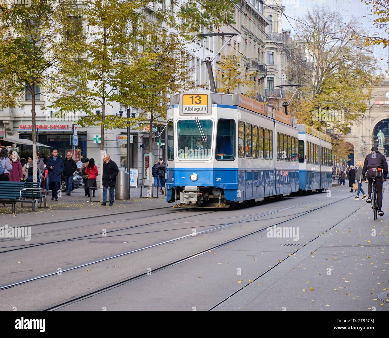 Tram 13 pulling into a stop ' in centre of Zurich, Switzerland Stock ...