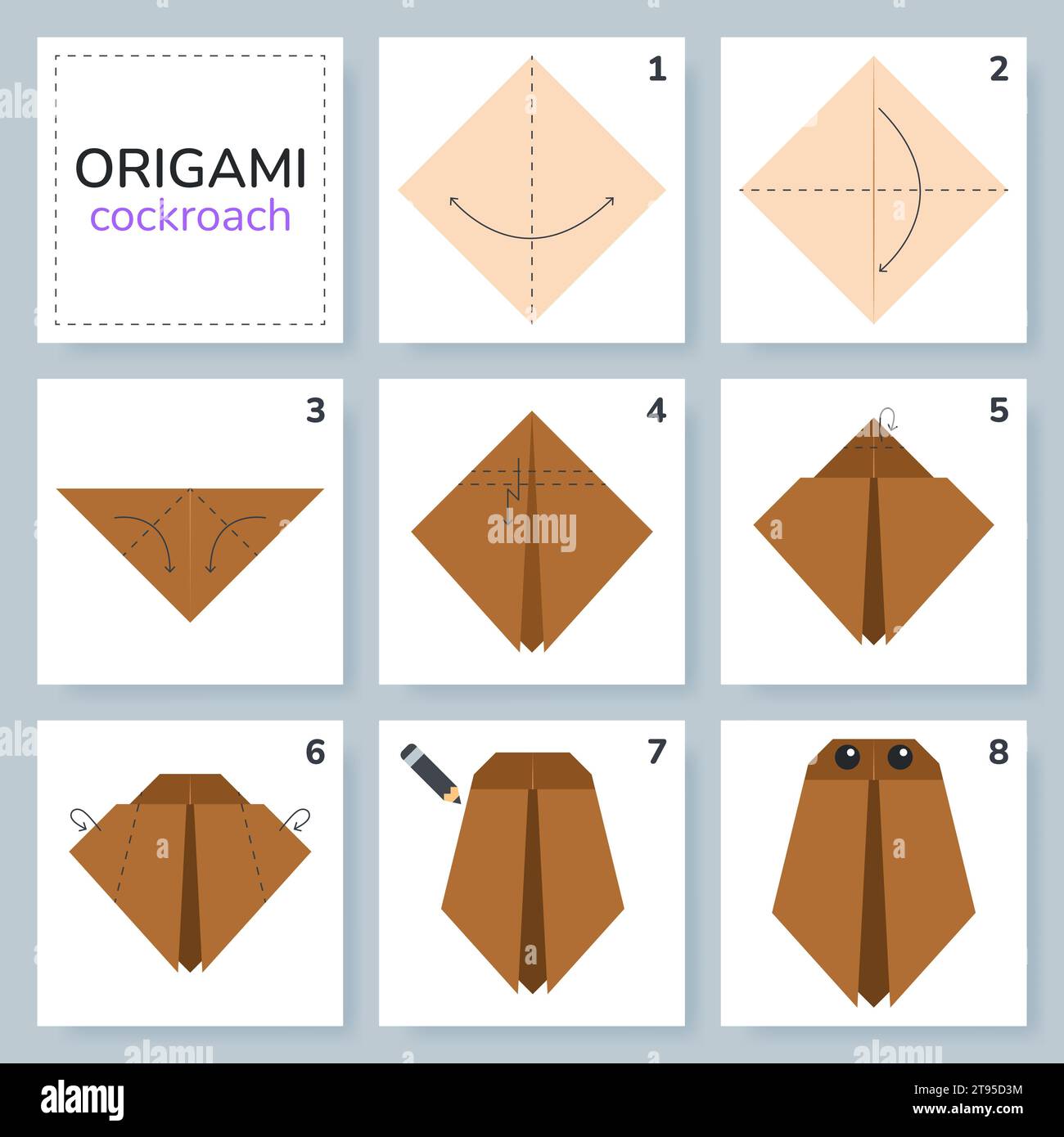 Origami tutorial for kids. Origami cute cockroach Stock Vector Image ...