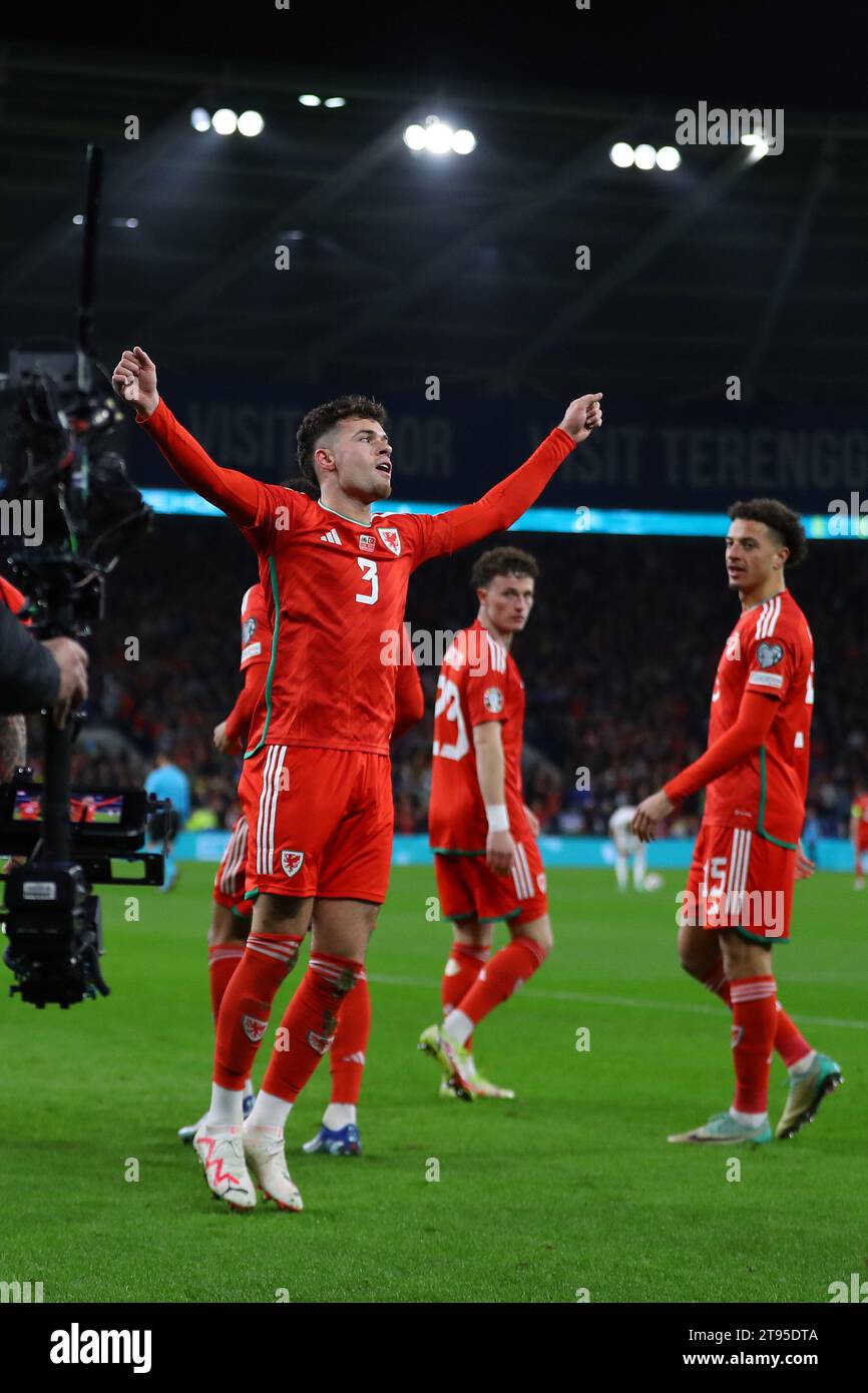 Cardiff, UK. 21st Nov, 2023. Neco Williams of Wales (3) celebrates ...