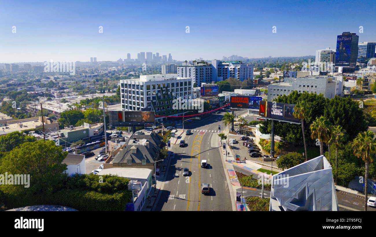 Famous Sunset Boulevard in Hollywood aerial view - Los Angeles Drone ...