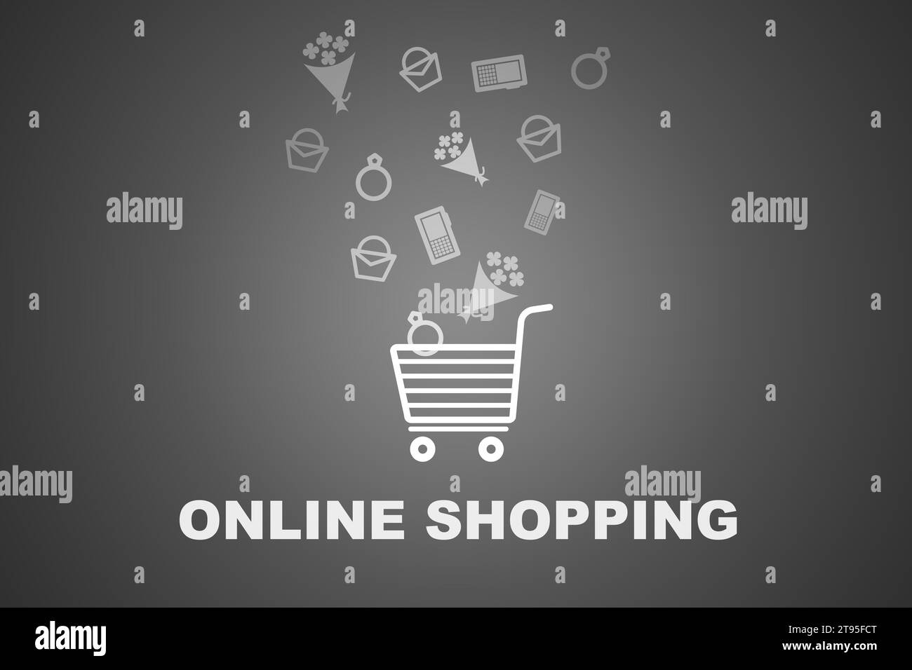 Online shopping. Illustration of different stuff falling into cart on ...