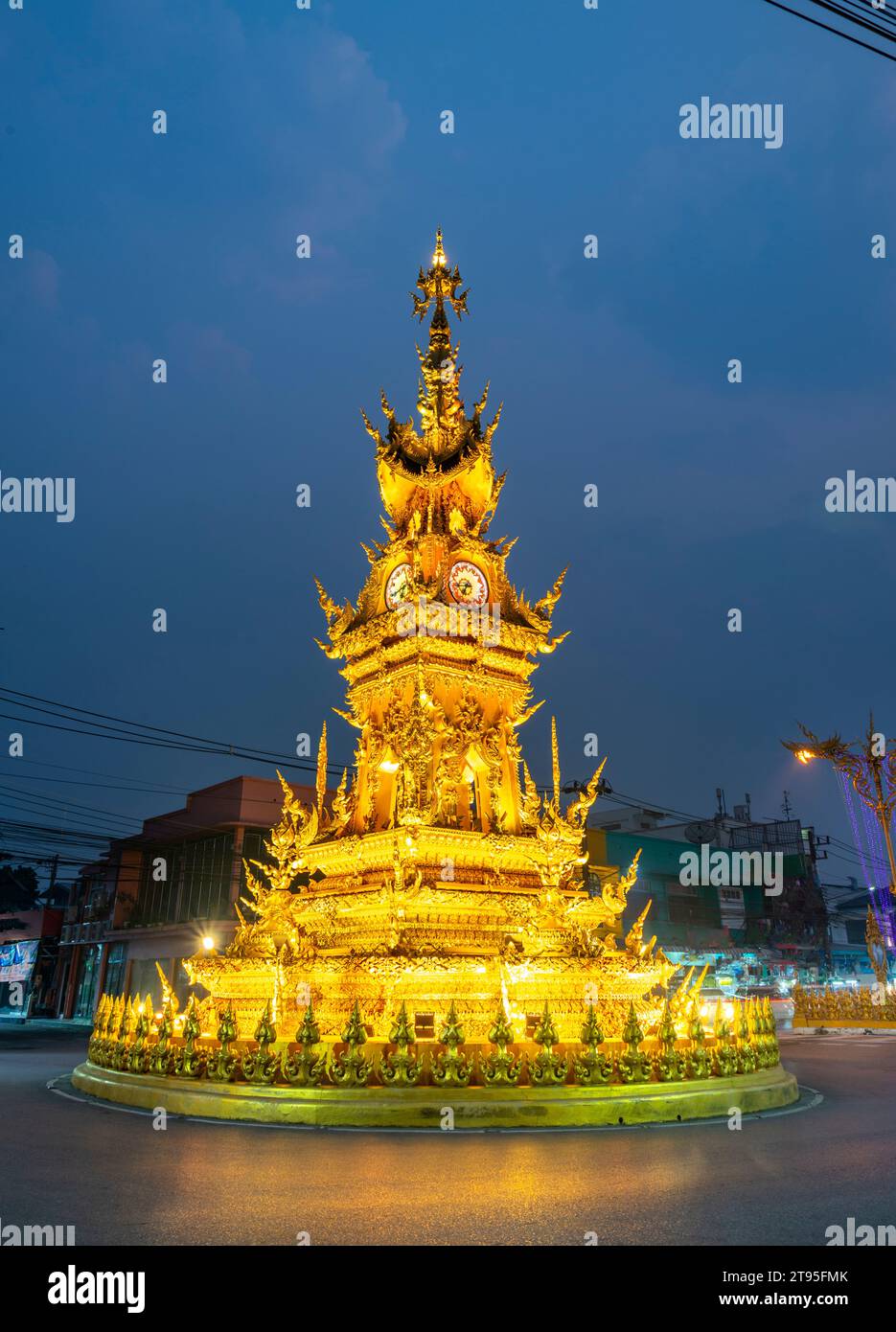 Flood lights shining from below the golden,historical,beautiful ornate ...