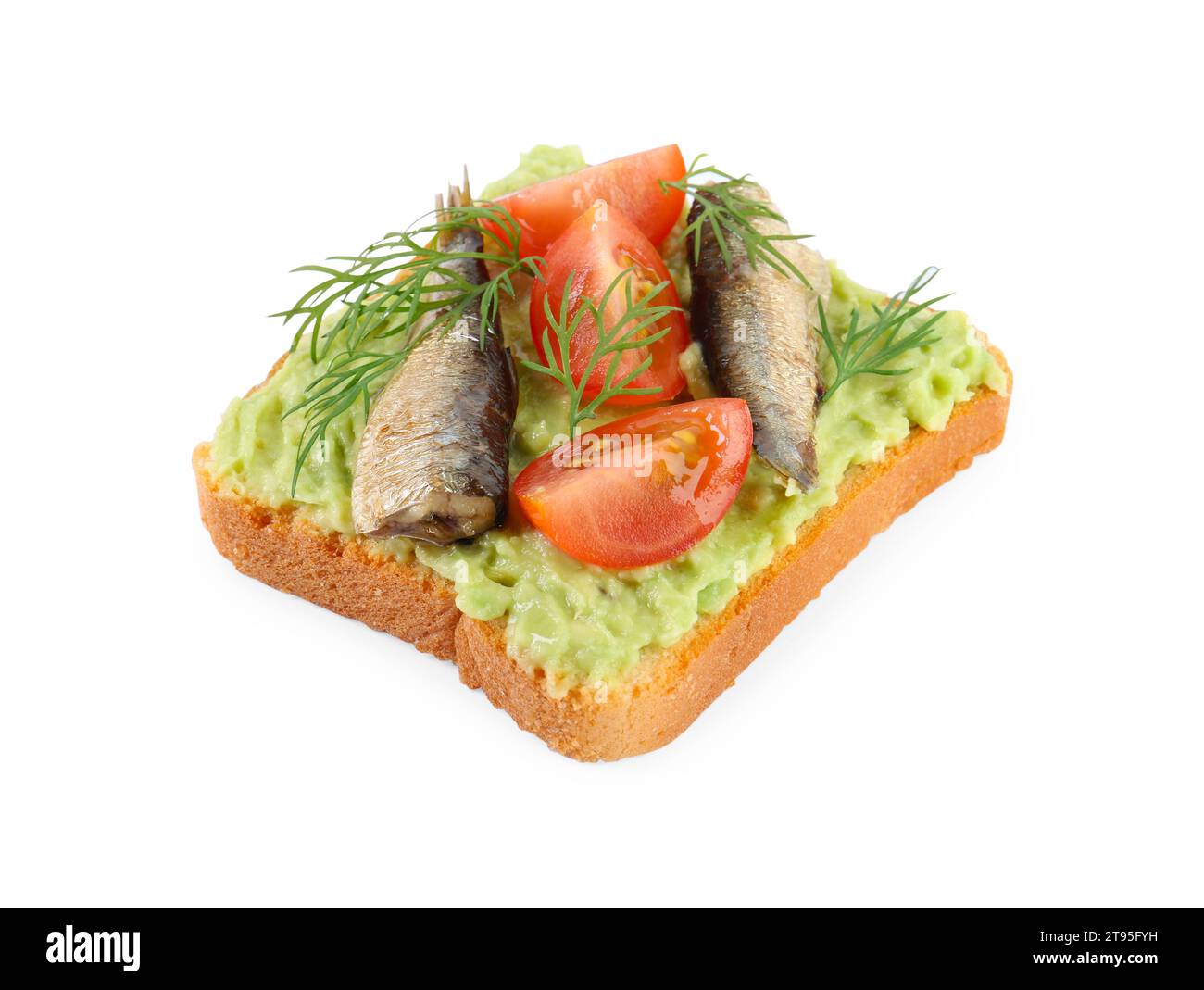 Delicious sandwich with sprats, tomatoes, dill and avocado puree ...