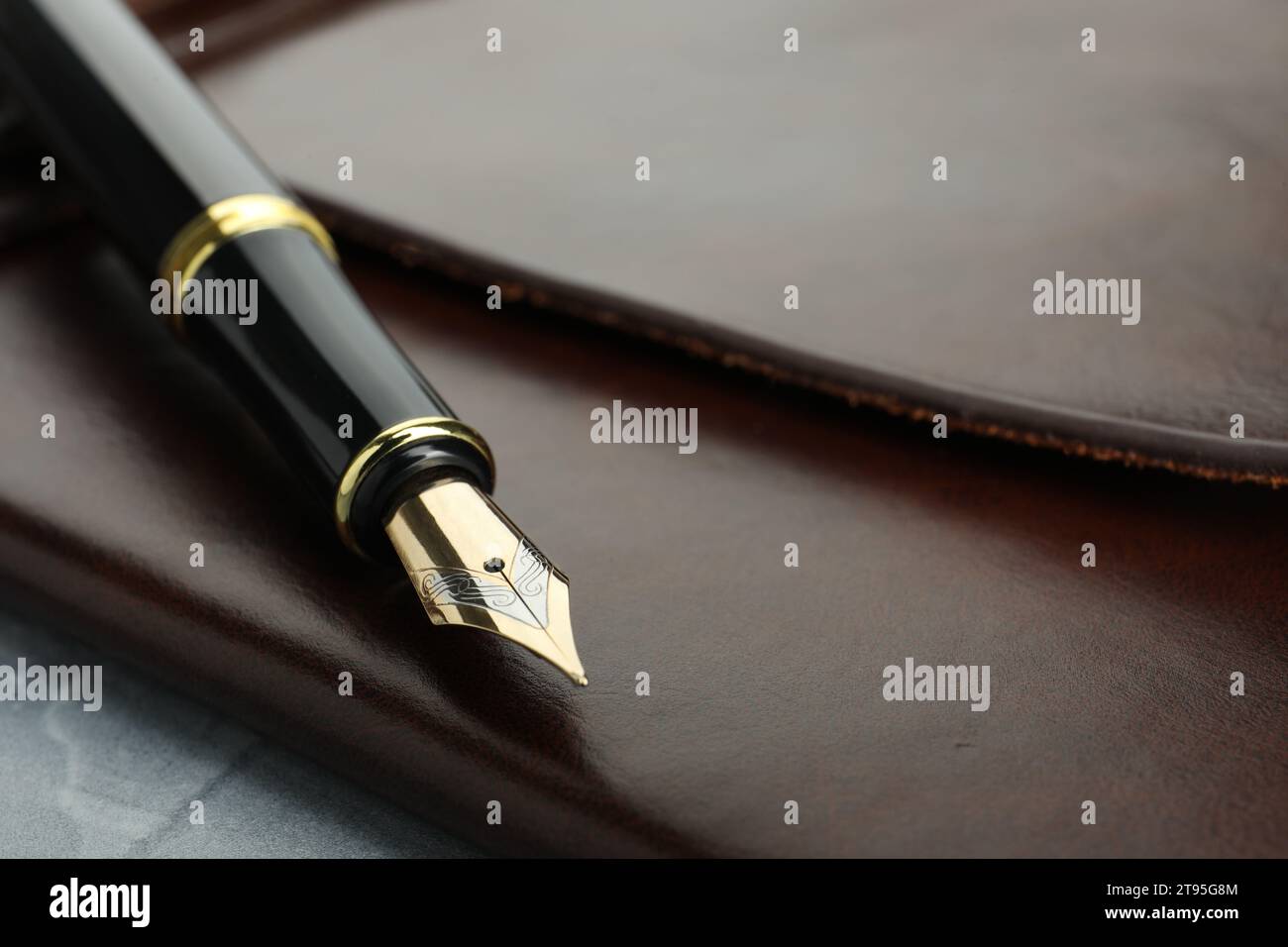 Stylish fountain pen and leather notebook on light grey table, closeup ...