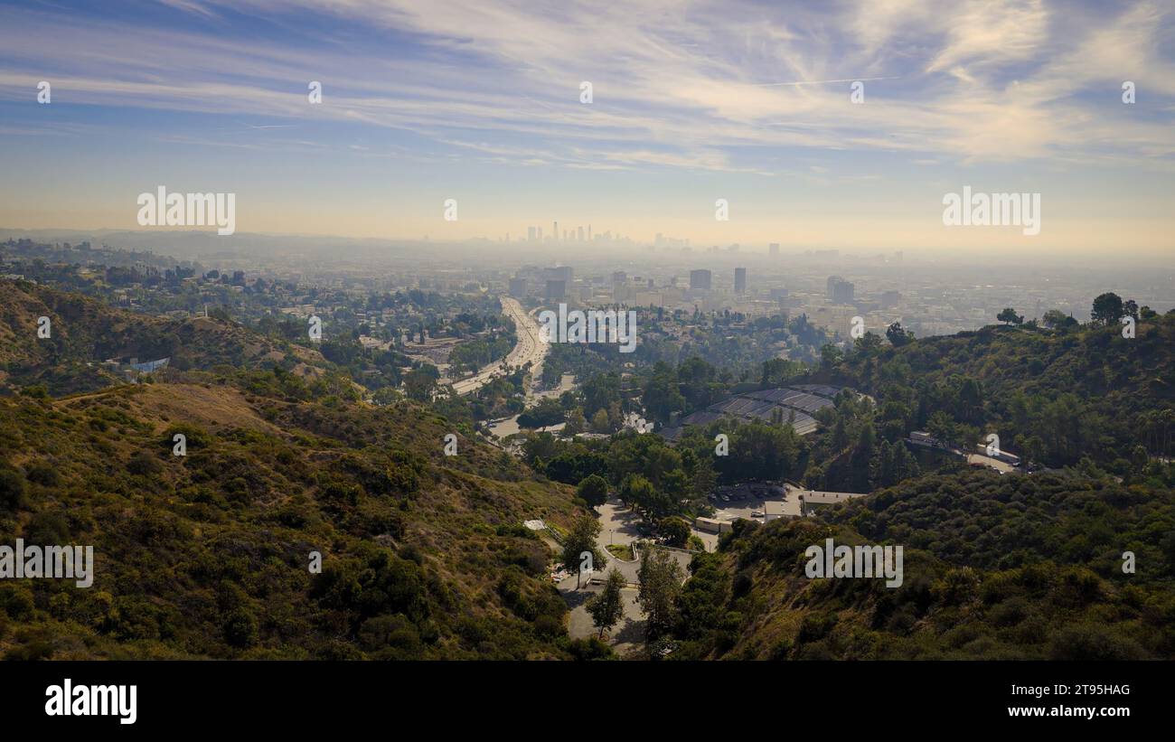 Aerial view over Los Angeles and Hollywood Bowl from Mulholland Drive ...