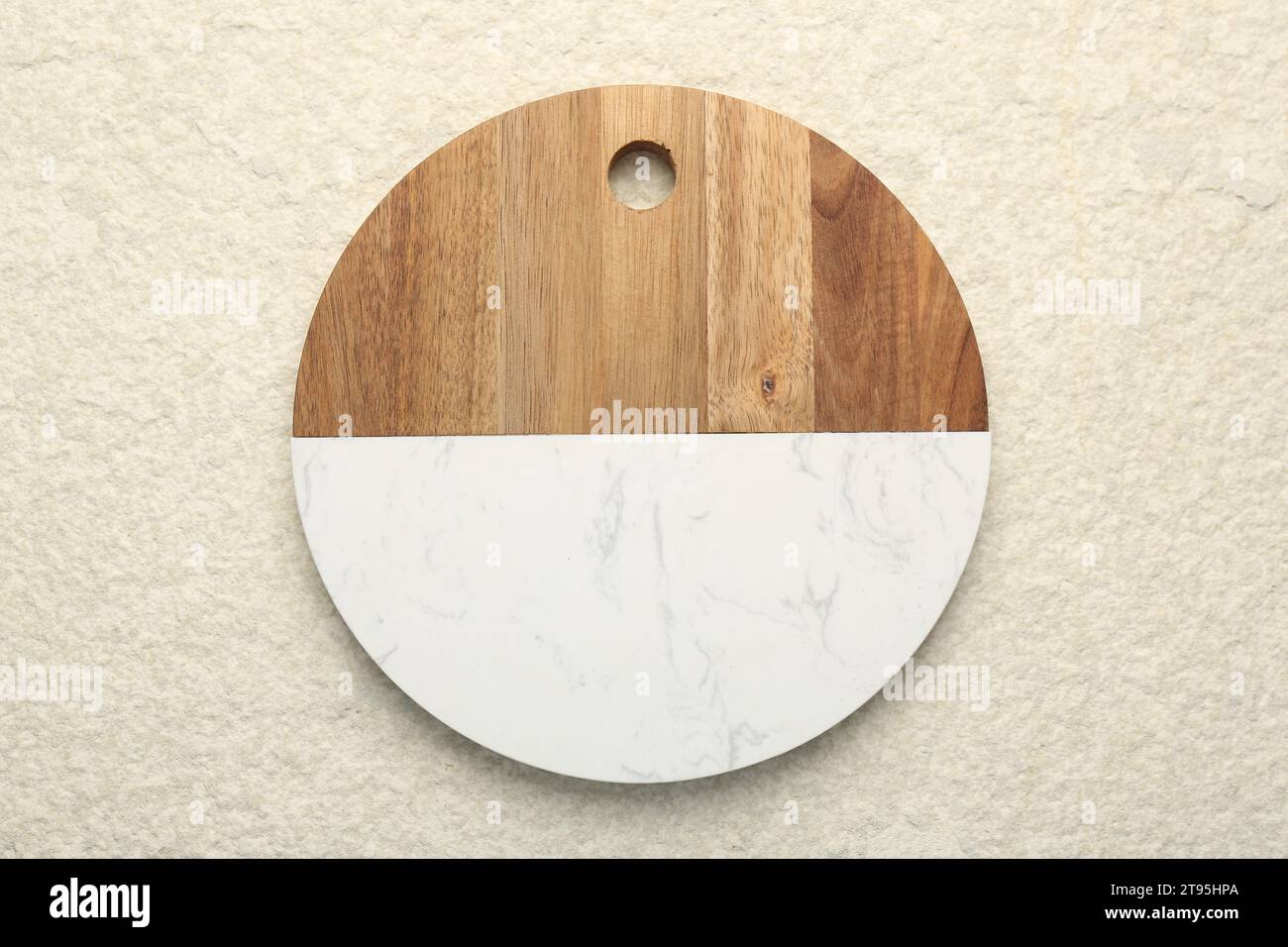 Serving board on beige table, top view. Space for text Stock Photo - Alamy