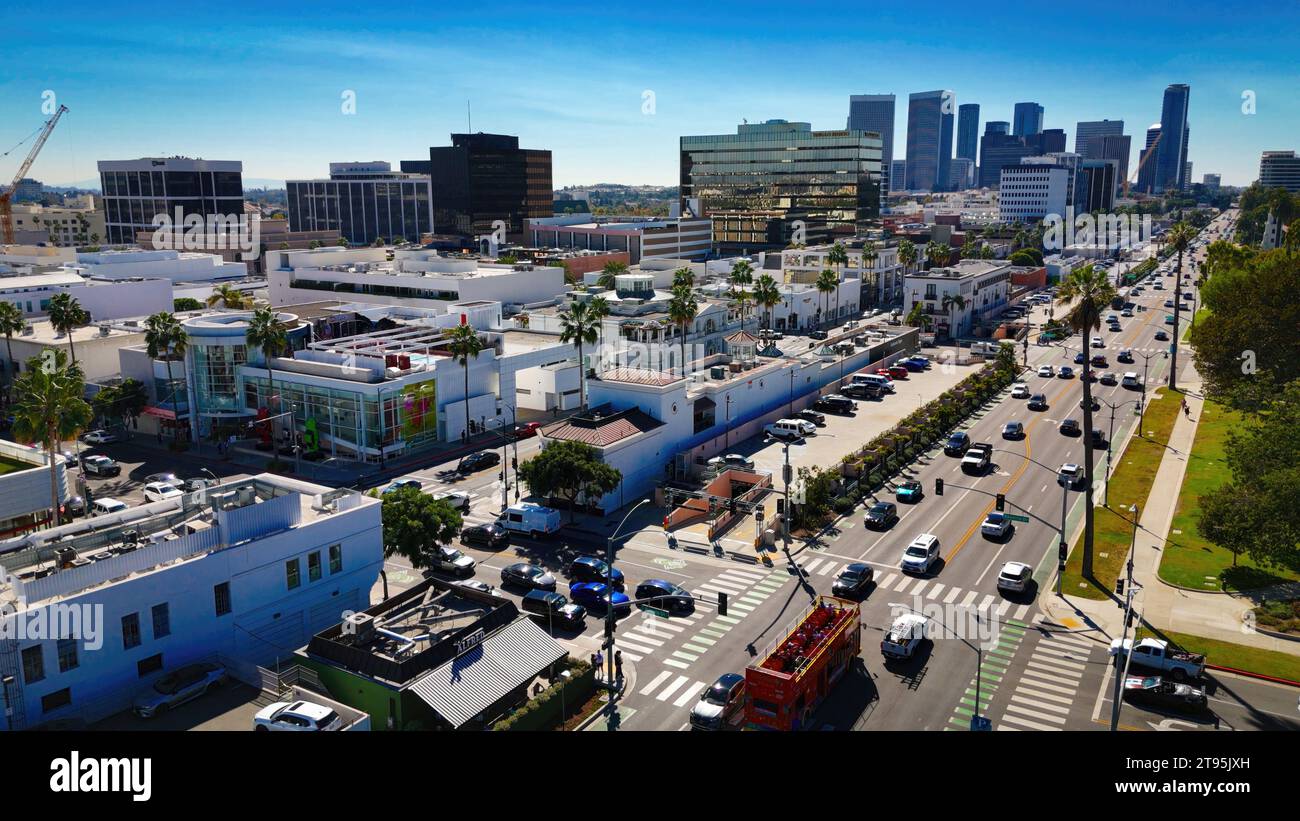 Aerial view over Santa Monica Boulevard in Beverly Hills with a view ...