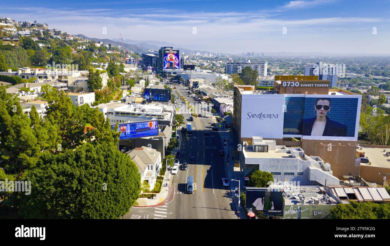 Famous Sunset Boulevard in Hollywood aerial view - Los Angeles Drone ...