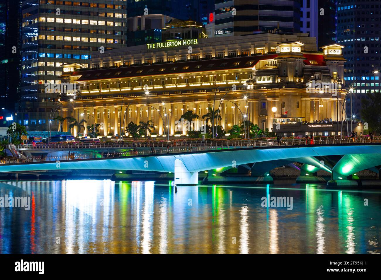 A night view of the famed Fullerton Hotel in Singapore, with the ...