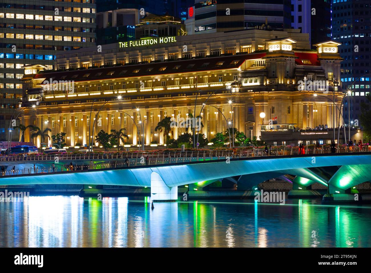 A night view of the famed Fullerton Hotel in Singapore, with the ...