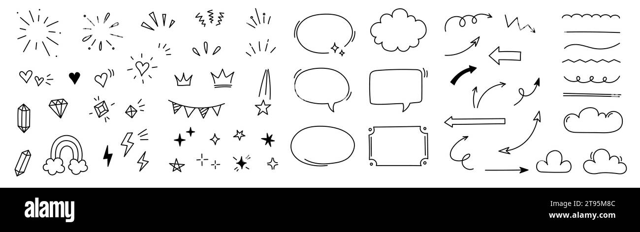 Hand drawn line cute star sparkle, heart, arrow elements. Doodle heart ...