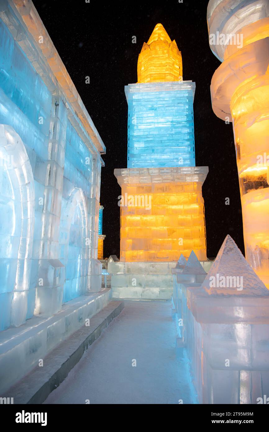 January 1, 2022, HARBIN, CHINA. Night scene in Harbin International Ice ...