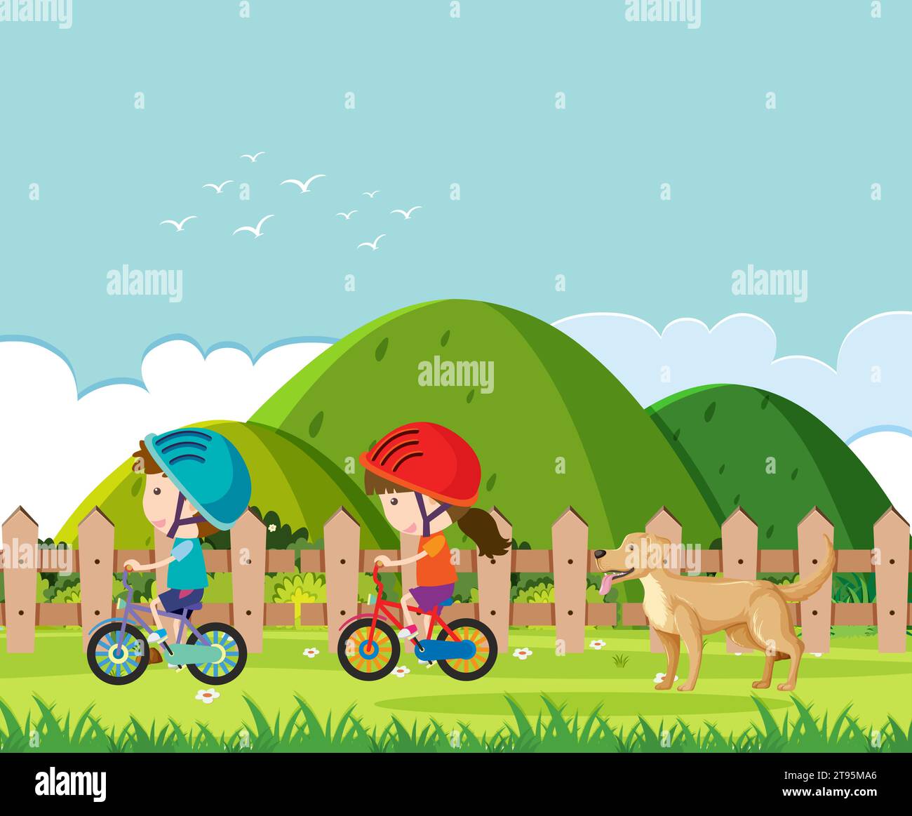 Kids riding bikes with a mountain backdrop and a loyal dog following ...