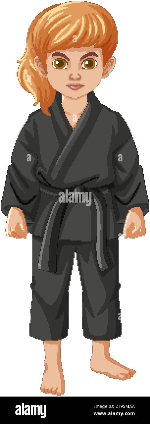 A cartoon illustration of a girl wearing a black judo sport outfit ...