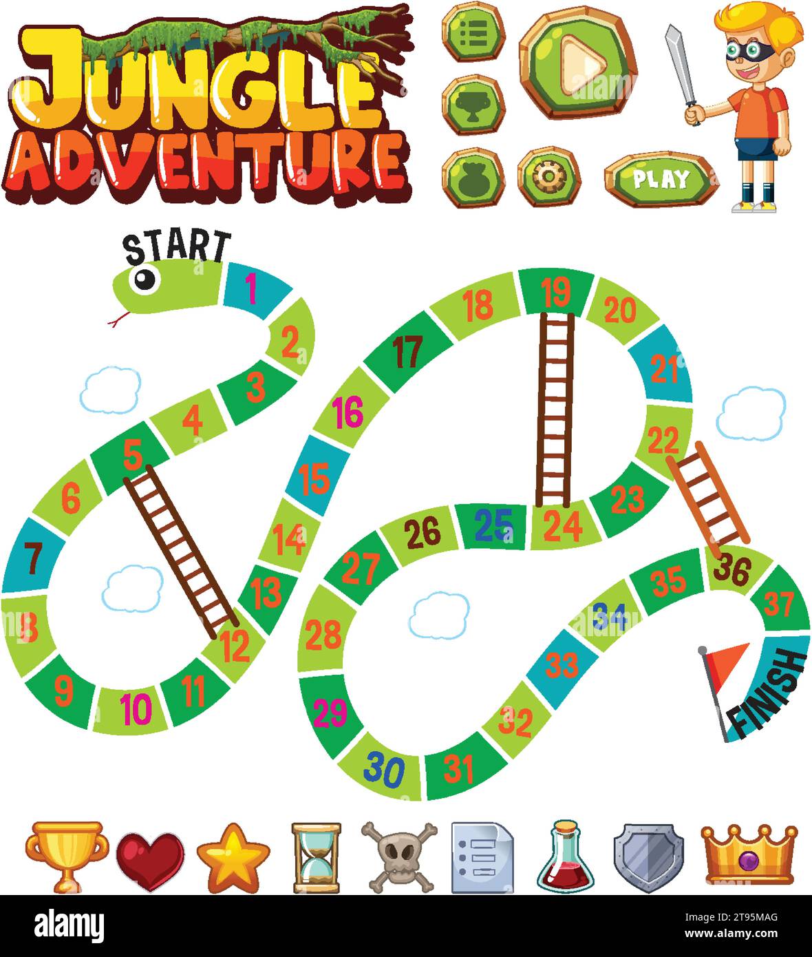 A vector cartoon illustration of a jungle-themed Snakes and Ladders ...