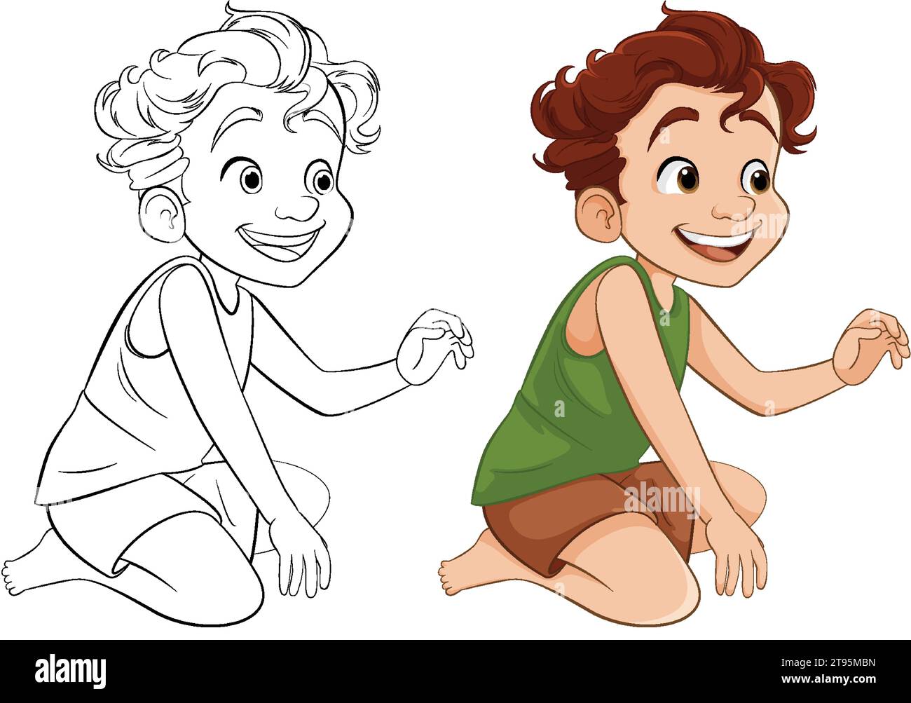 Vector cartoon character of a boy sitting and smiling, with an outline ...