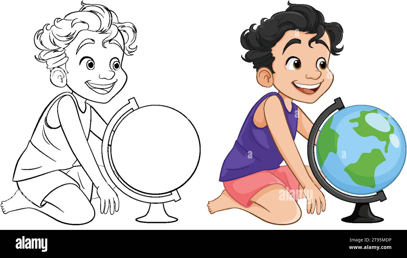 Cartoon character happily sitting with a world globe toy Stock Vector ...