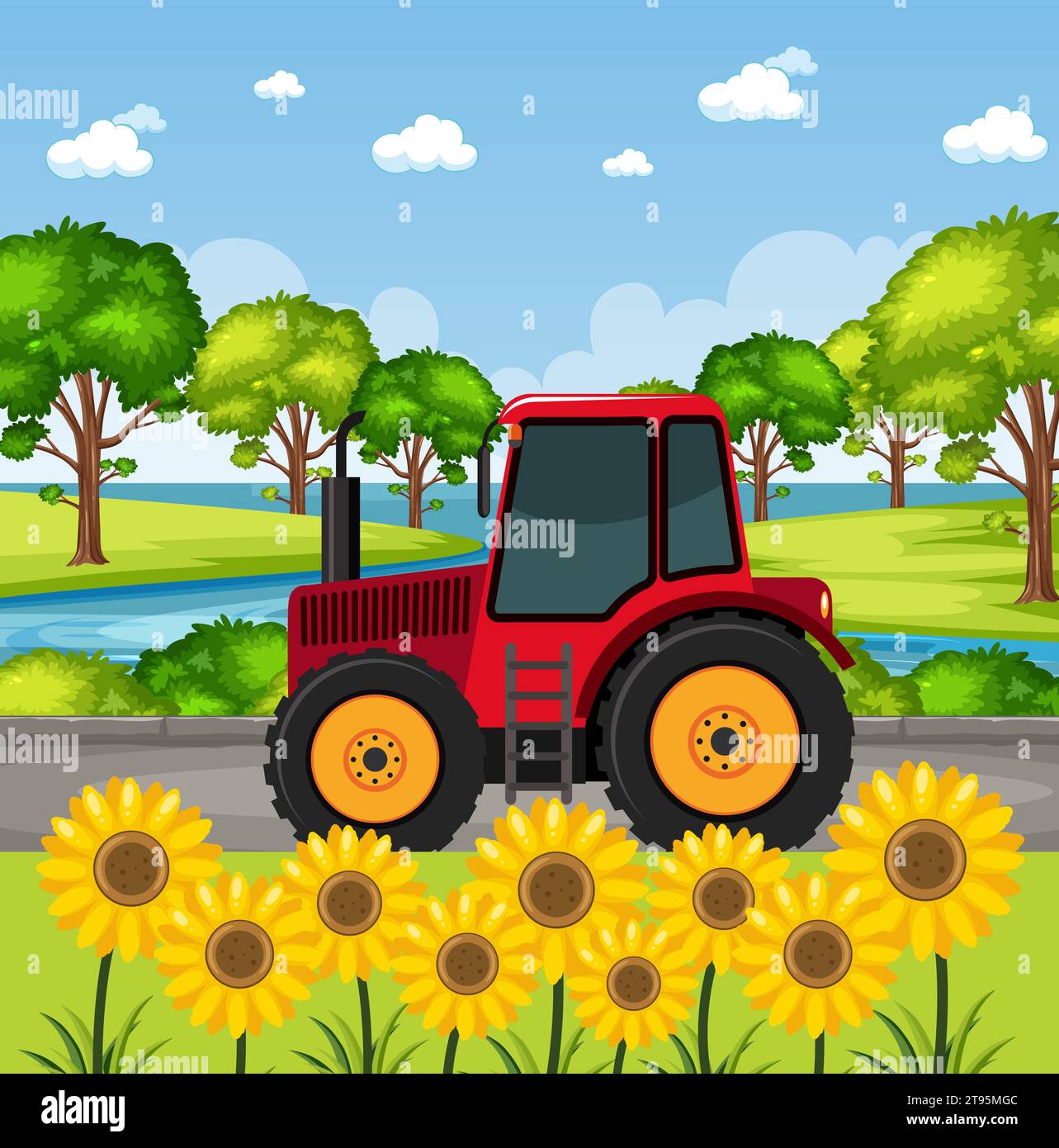A vector cartoon illustration of a tractor driving on a road surrounded ...