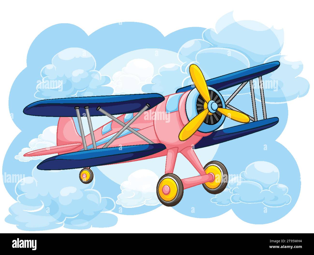 A classic vintage aircraft flying in a sky full of clouds, illustrated ...