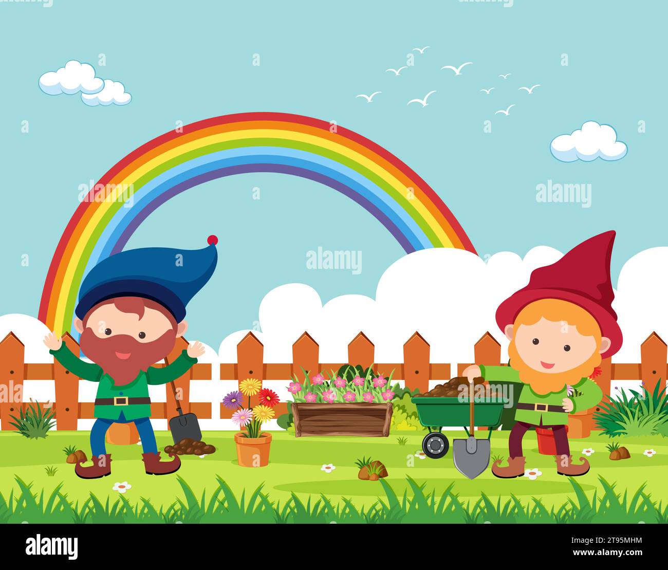 A charming cartoon illustration of a dwarf tending to a garden in a ...