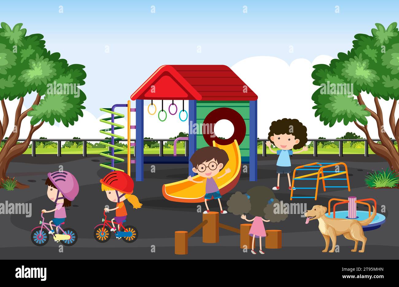 Lively cartoon illustration capturing children's playtime at a ...