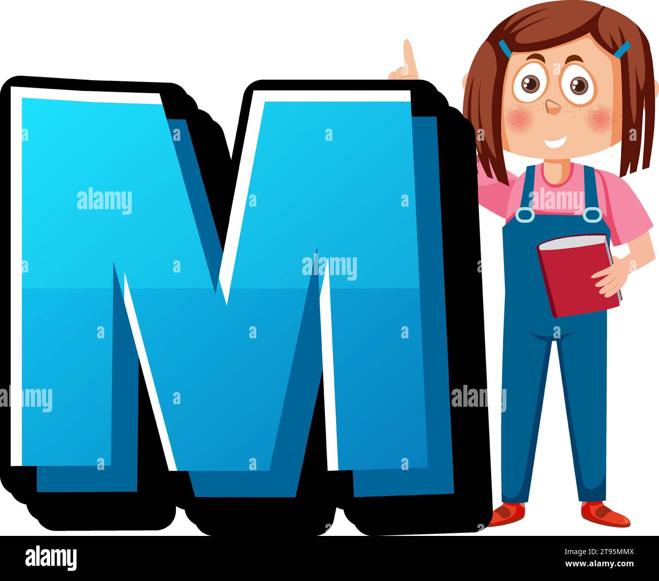 Colorful vector illustration of English alphabet M with boy and girl ...
