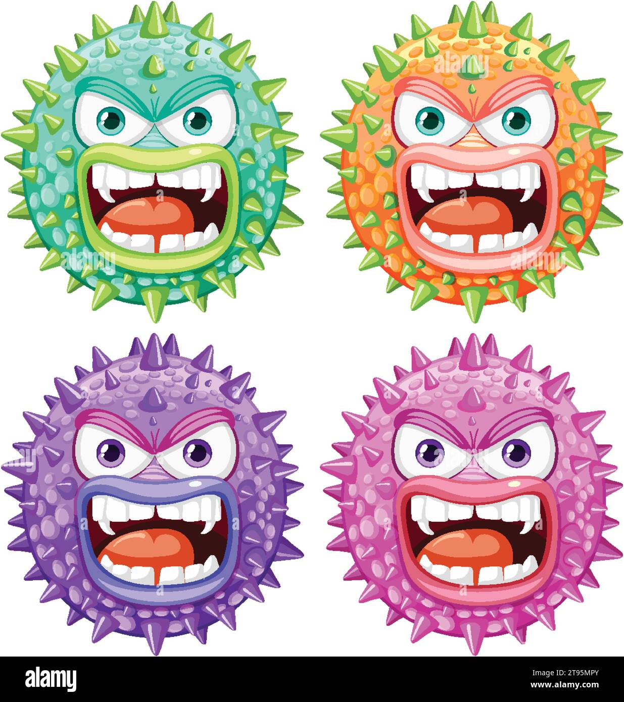 A cute and colorful spiky monster cartoon character with a germ and ...