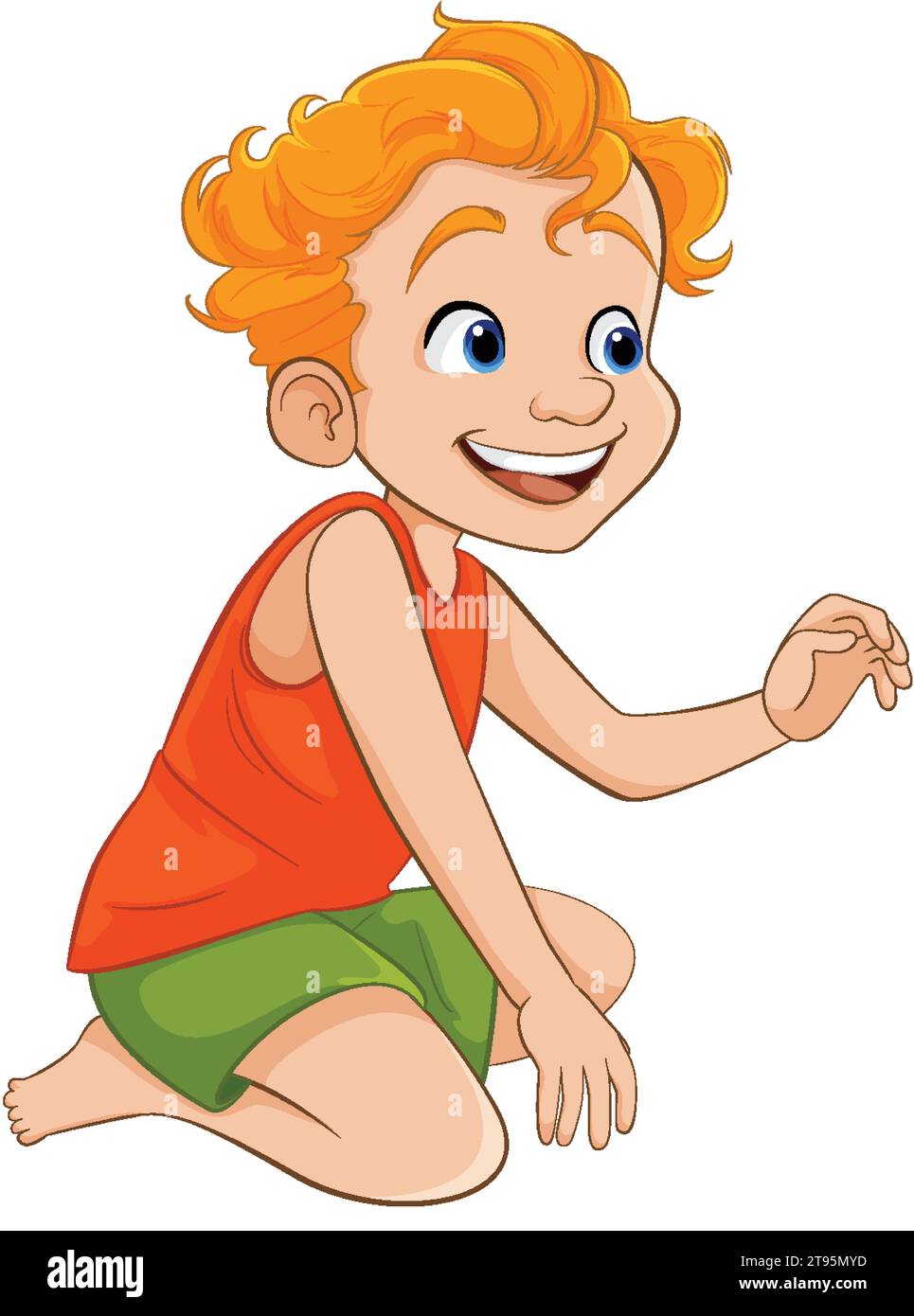 A cheerful young boy sitting down in a vibrant cartoon-style vector ...