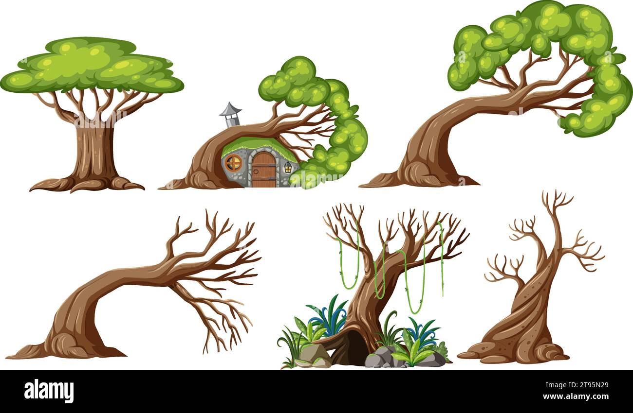 Colorful vector cartoon illustration of fantasy trees on a white ...