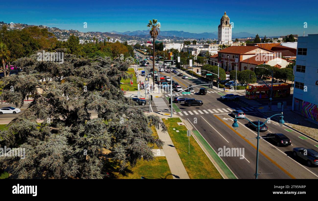 Aerial view over Santa Monica Boulevard in Beverly Hills with city hall ...