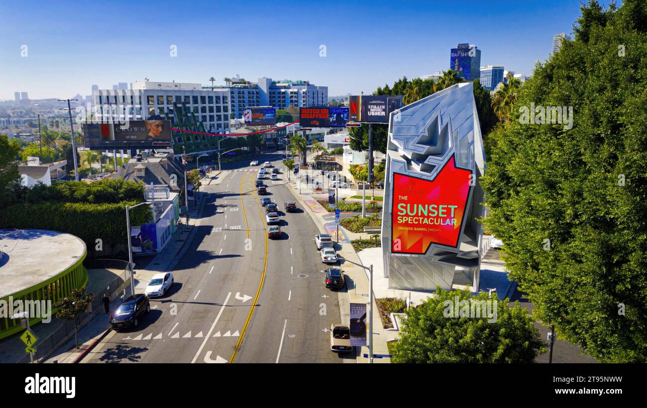 Famous Sunset Boulevard in Hollywood aerial view - Los Angeles Drone ...