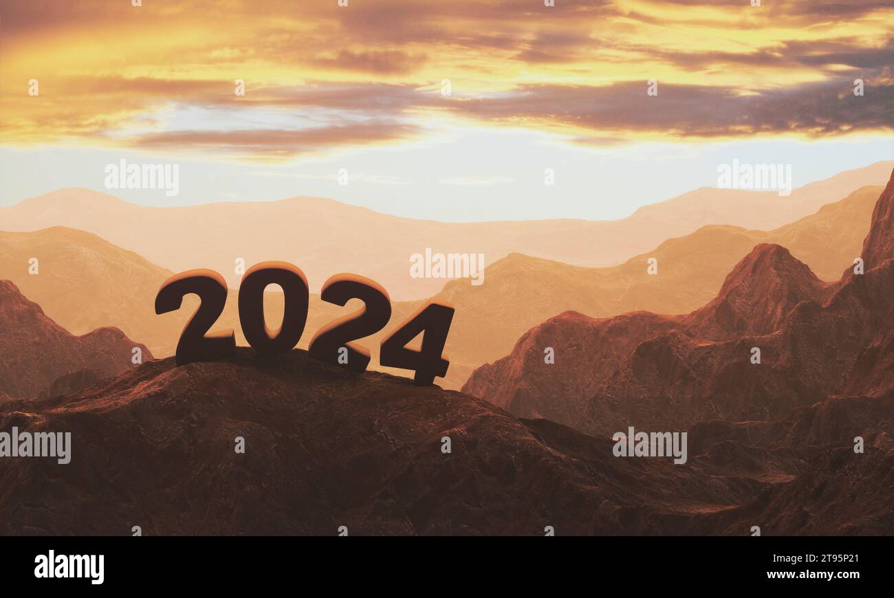 2024 on the mountains with a sunset sky background. 3d rendering Stock ...