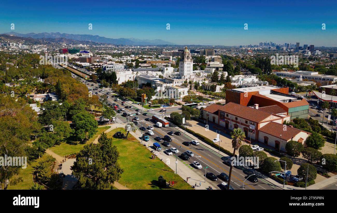 Aerial view over Beverly Hills and Santa Monica Boulevard in Los ...