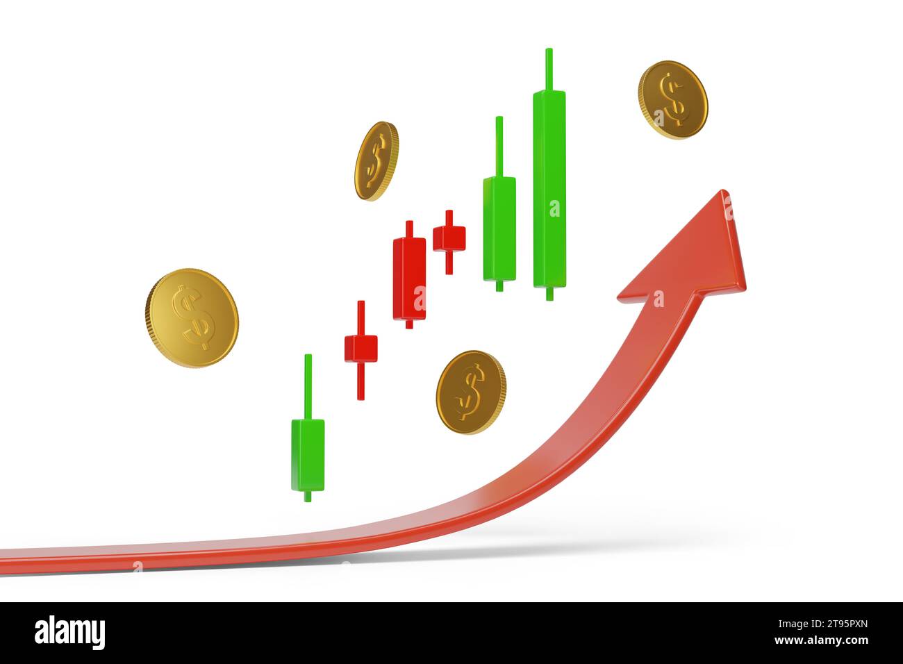 Growing Red Arrow up with candlestick chart and golden coins isolated ...