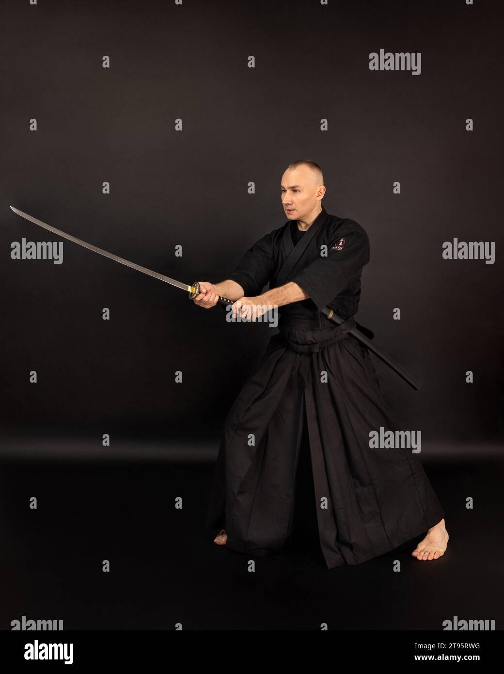 Portrait of aikido sensei master with black sensei belt in taekwondo ...