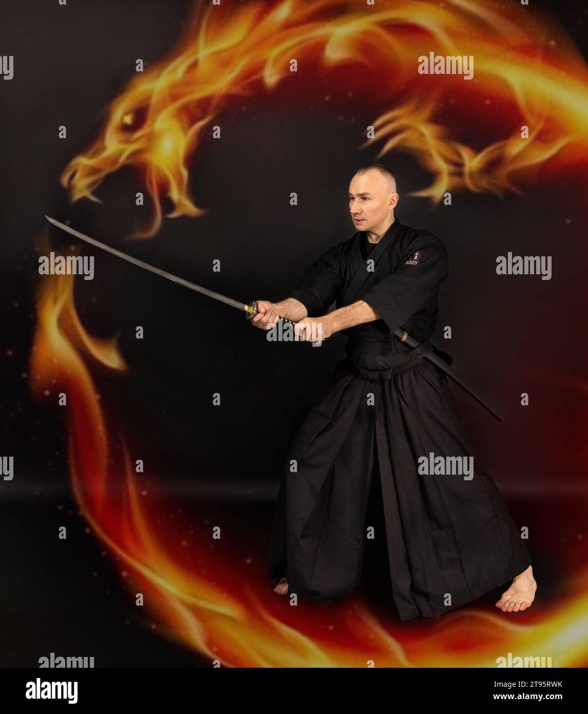 Portrait of aikido sensei master with black sensei belt in taekwondo ...