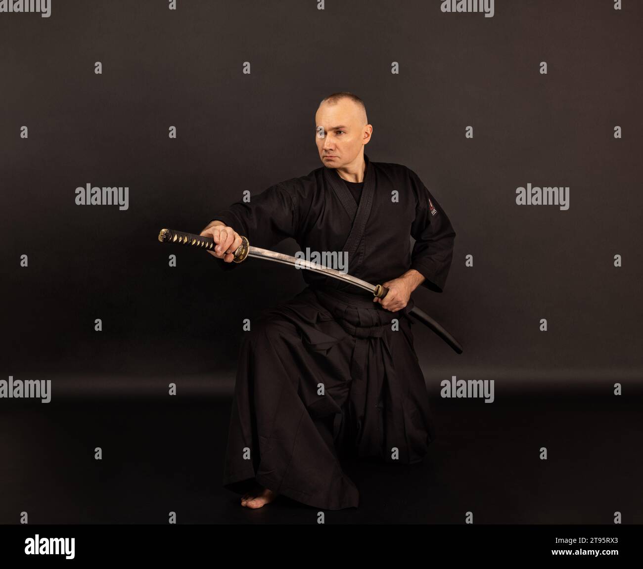 Portrait of aikido sensei master with black sensei belt in taekwondo ...