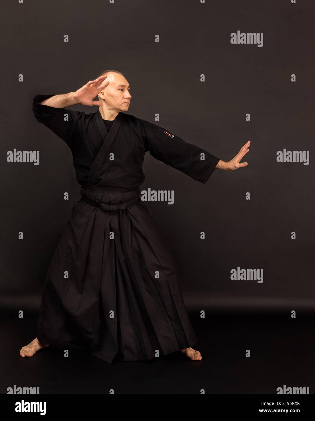 Portrait of aikido sensei master with black sensei belt in taekwondo ...