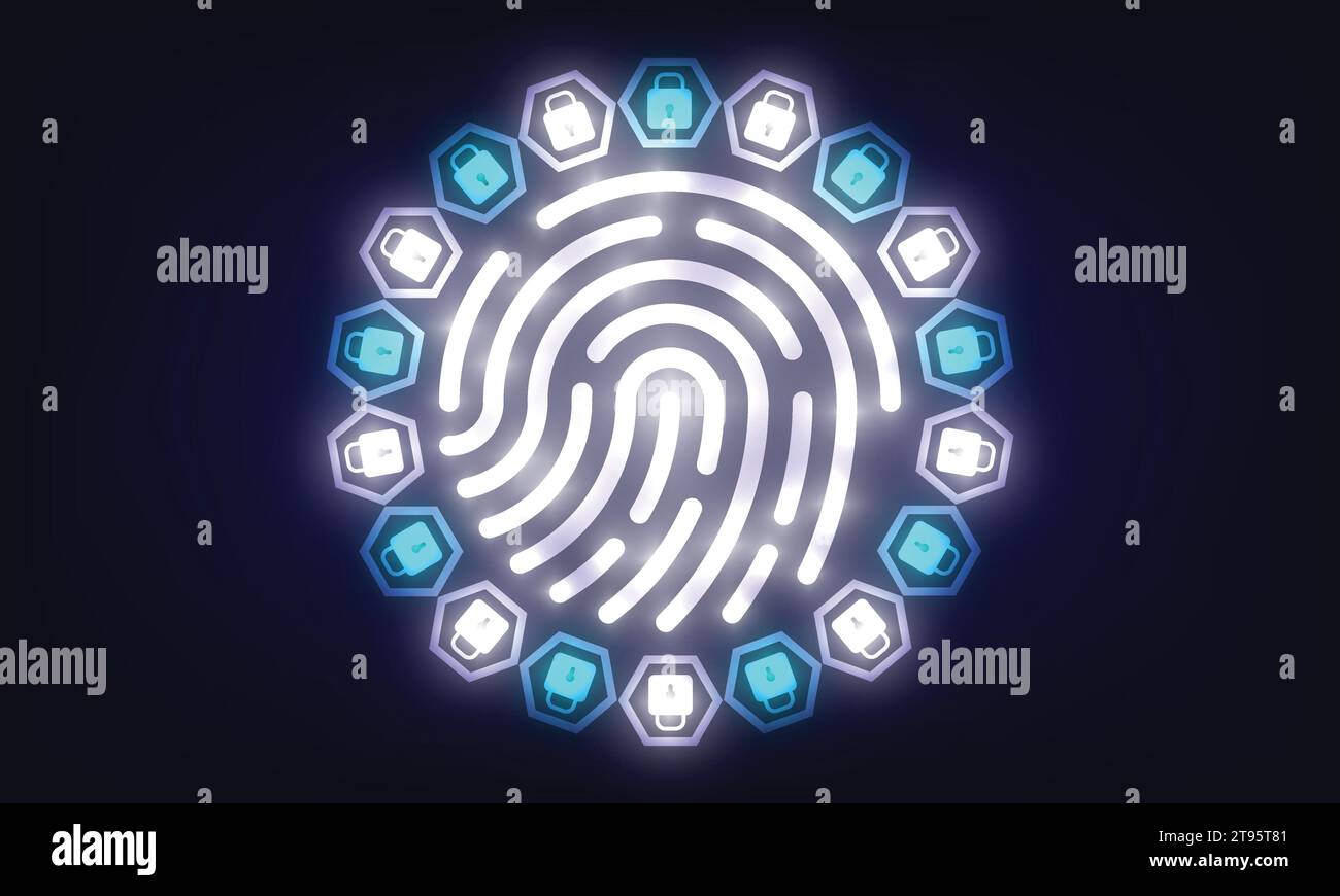 Vector Illustration of a fingerprint security concept with icons on a dark background Stock ...