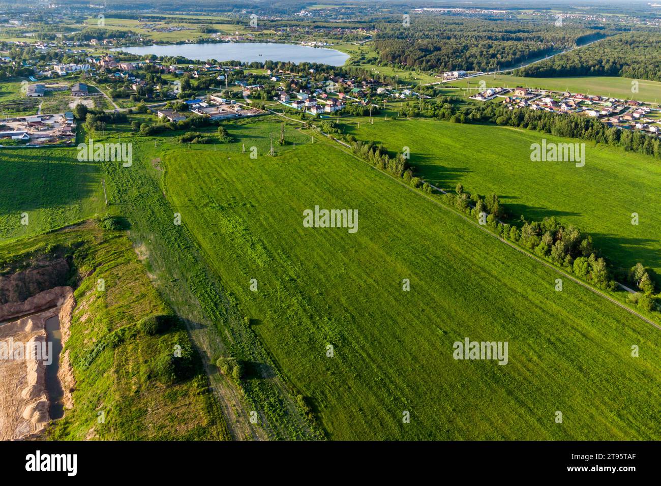 Aerial landscape with a view of the countryside with green fields and ...