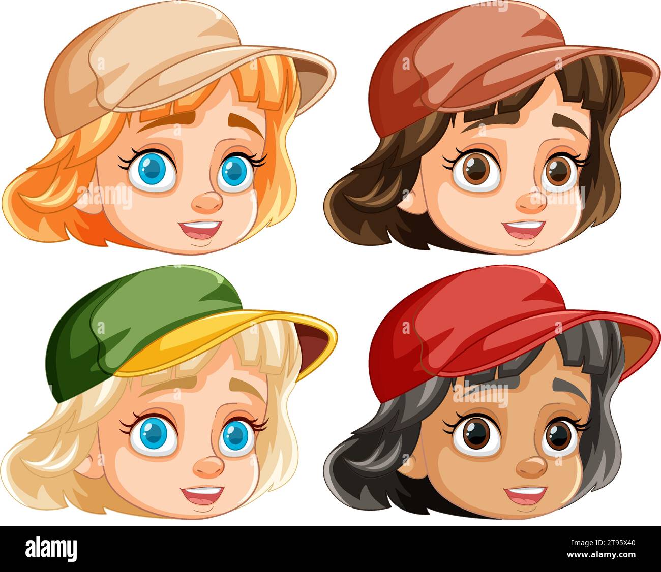 Four girls with caps, smiling in a vector cartoon style Stock Vector ...